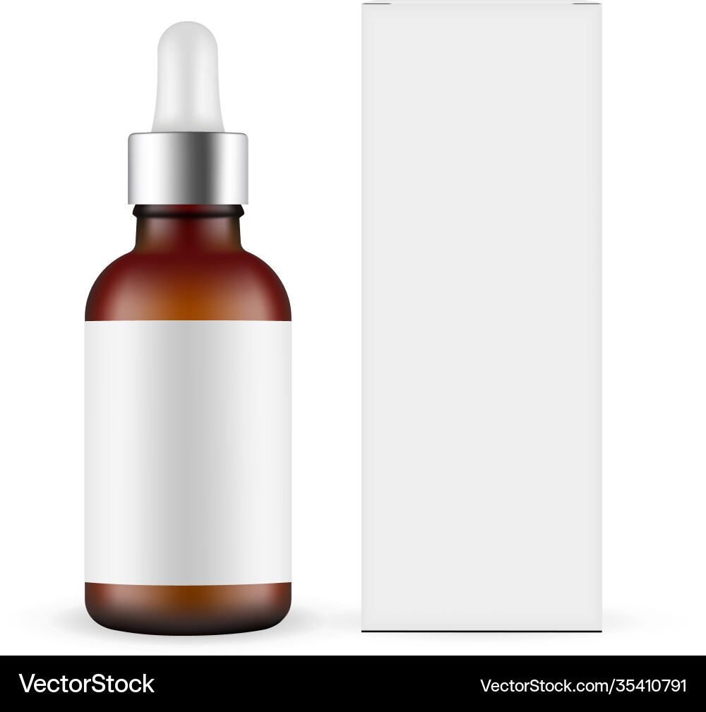 Dropper bottle mockup with metal cap label box Vector Image