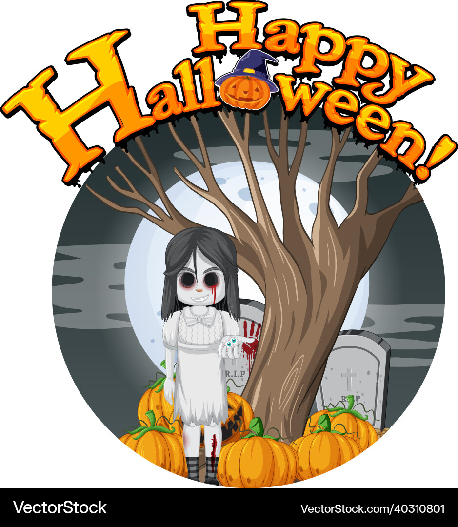 Ghost girl with black eyes on dark forest Vector Image