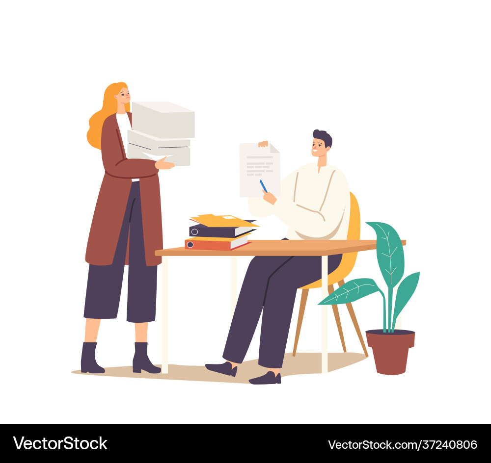 Man and woman with heap documents files Royalty Free Vector