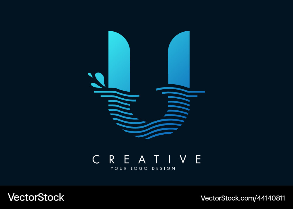 Blue u letter logo with waves and water drops Vector Image