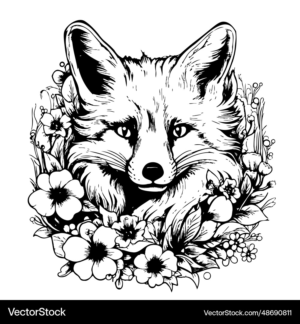 Fox face in flowers hand drawn sketch Royalty Free Vector
