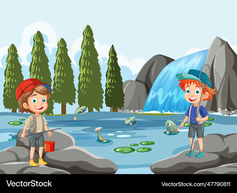 Kids cartoon characters exploring pond in forest Vector Image