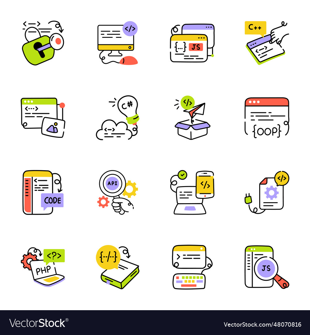 Pack of development hand drawn icons Royalty Free Vector