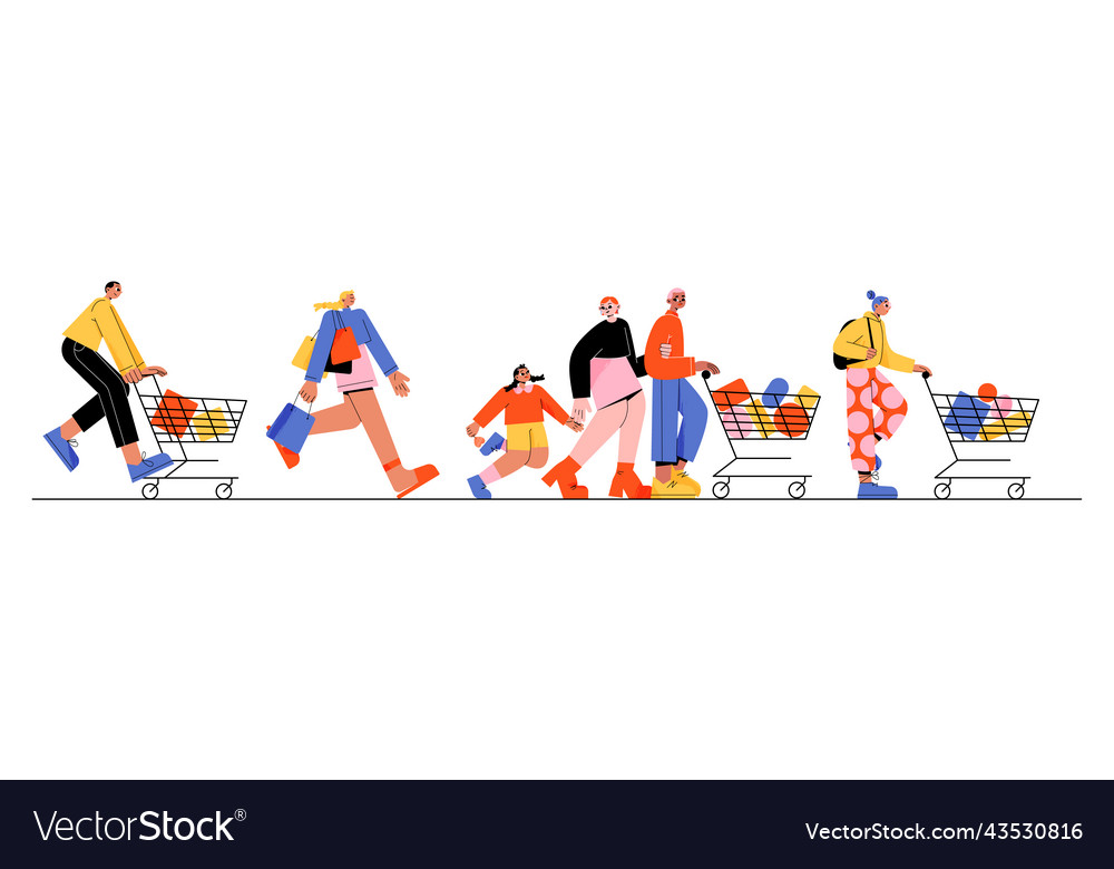 People standing in supermarket queue with carts Vector Image