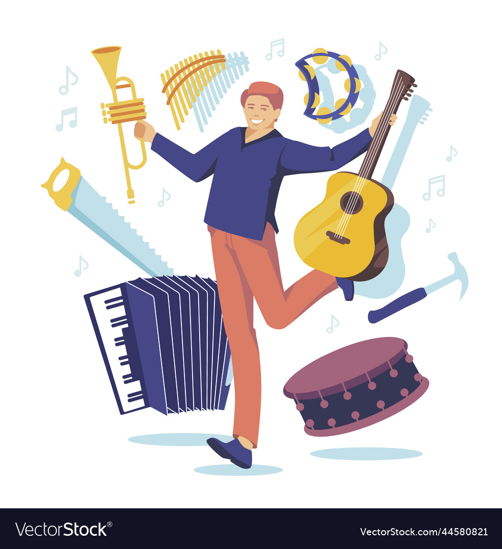 Multitasking man-orchestra with many instruments Vector Image