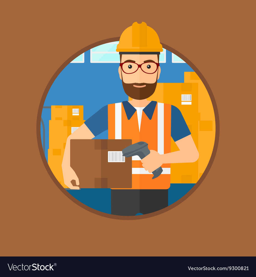 Warehouse worker scanning barcode on box Vector Image