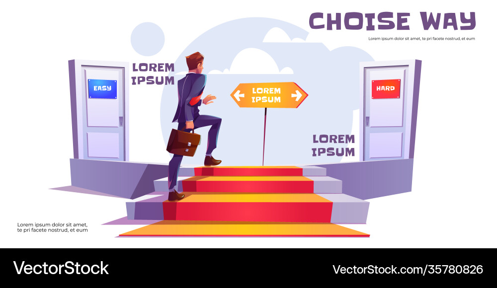 Businessman choose between easy and hard way doors