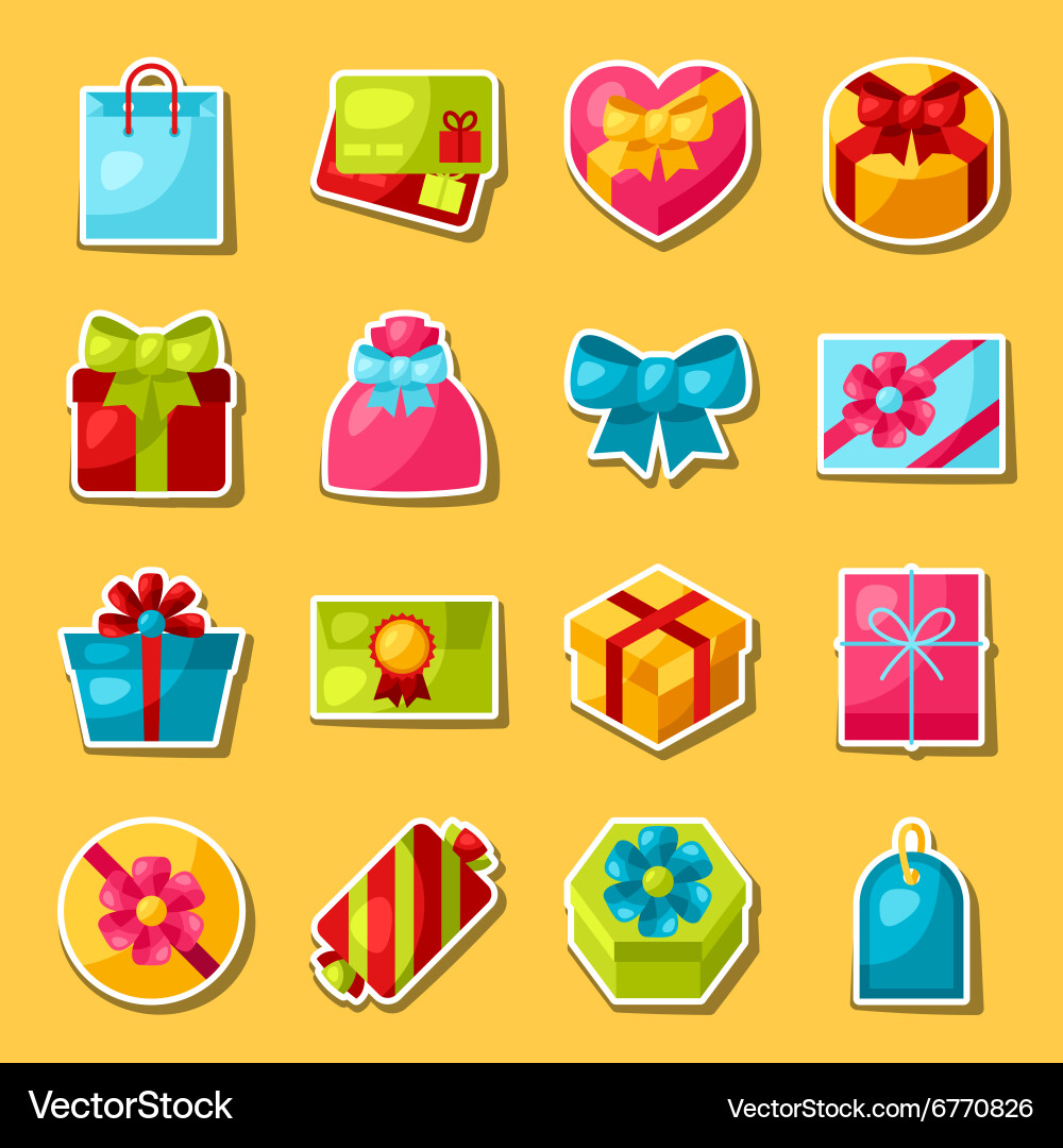 Celebration sticker set of colorful gift boxes Vector Image