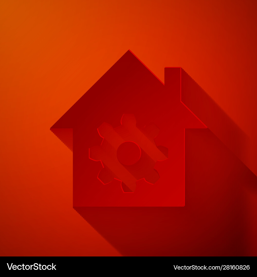 Paper cut smart home settings icon isolated on red