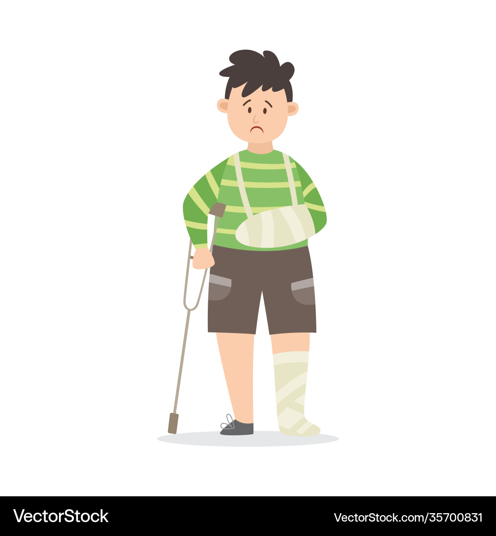 Boy after serious injury with broken limbs flat Vector Image