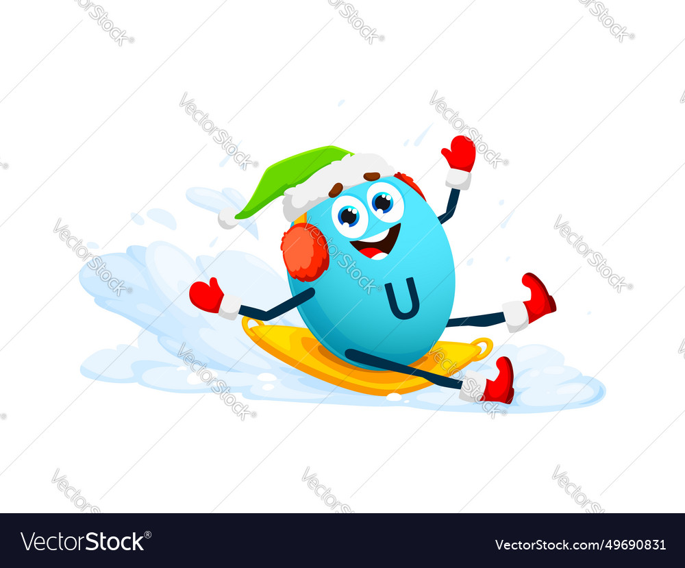 Cartoon vitamin u character slides down snowy hill
