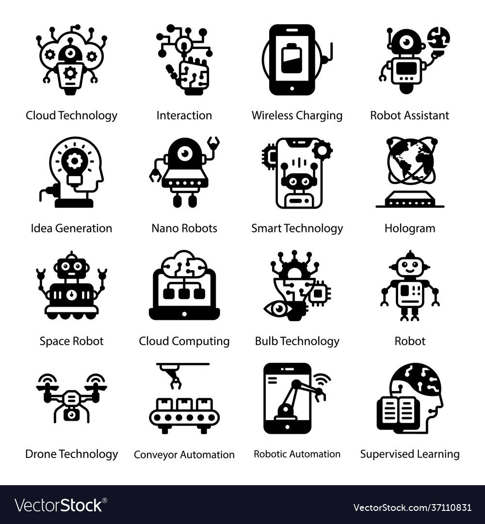 Future technology innovations solid icons set Vector Image