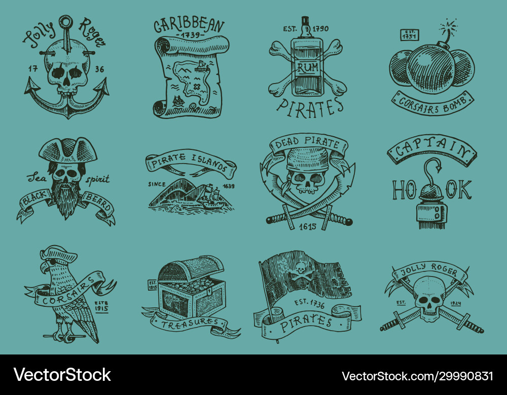 Set pirate labels corsairs skull at anchor Vector Image