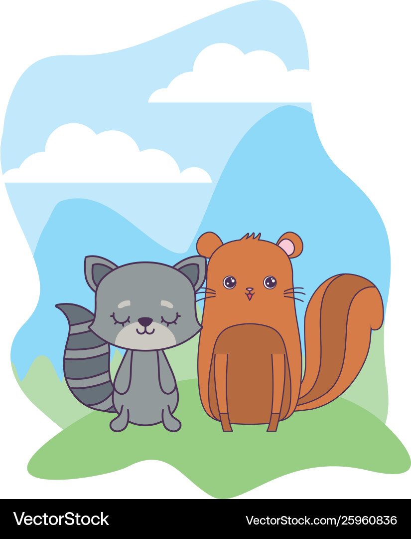 Cute chipmunk with cat animals in landscape Vector Image