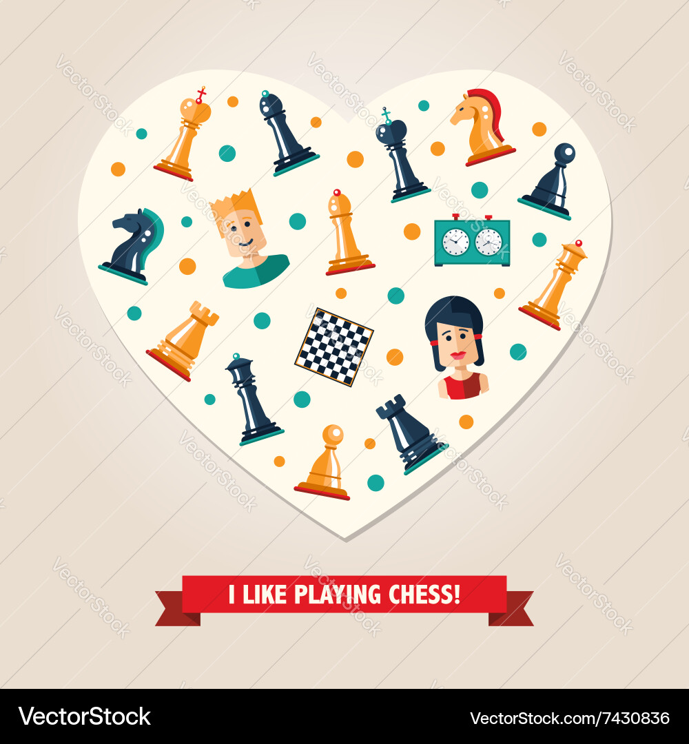 Heart postcard with flat design chess and players Vector Image
