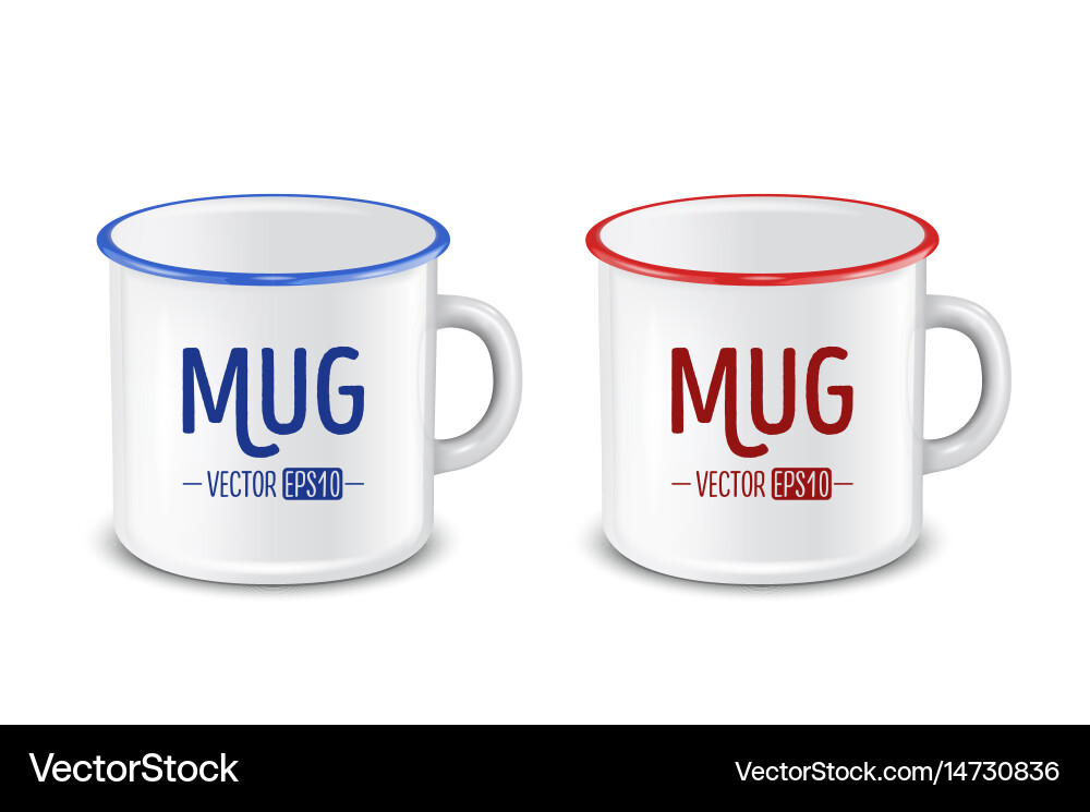 Realistic enamel metal white mugs isolated Vector Image