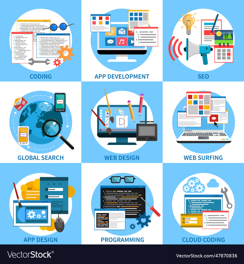 Web development concept set development Royalty Free Vector
