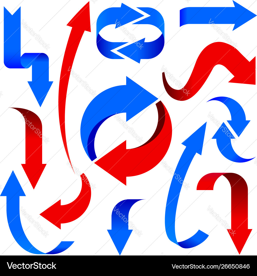 Arrow set in blue and red isolated and shadow Vector Image
