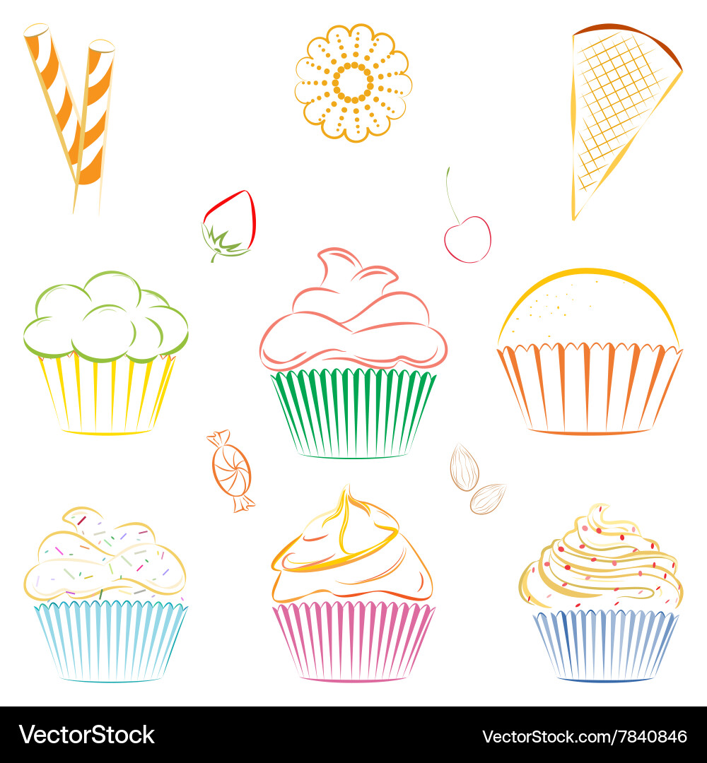 Set of cupcakes and sweets outline Royalty Free Vector Image