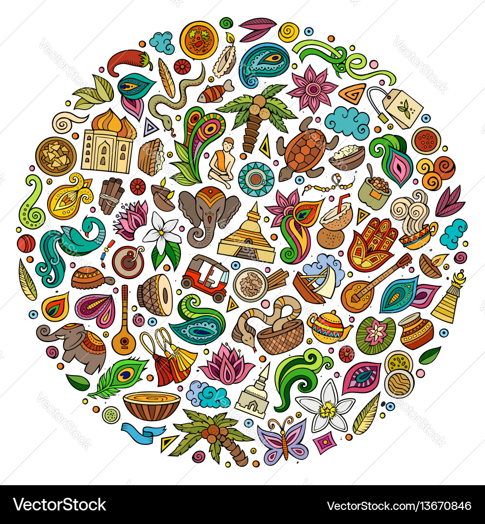 Set of indian cartoon doodle objects Royalty Free Vector