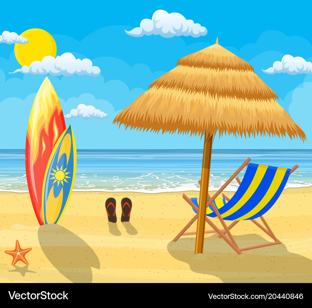 Surfboards on a beach against sunny seascape Vector Image