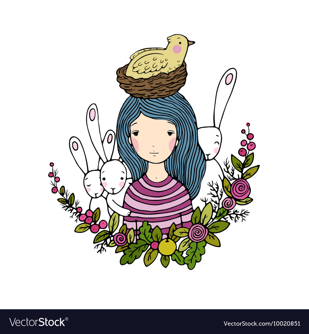 Beautiful young girl birds nest birds Royalty Free Vector