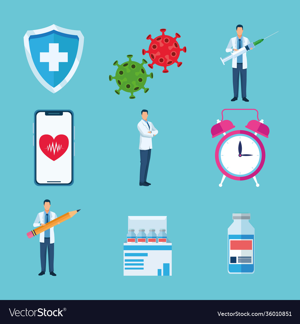 Bundle nine covid19 vaccine set icons Royalty Free Vector