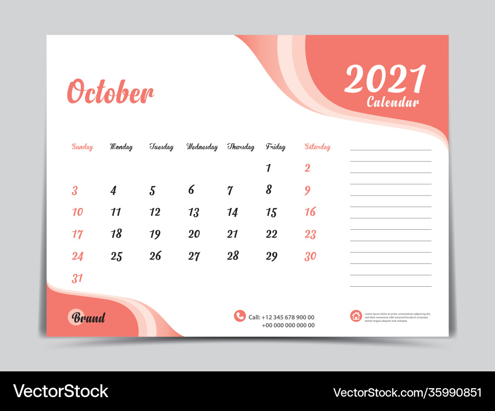 Desk calendar 2021 template-october 2021 Vector Image