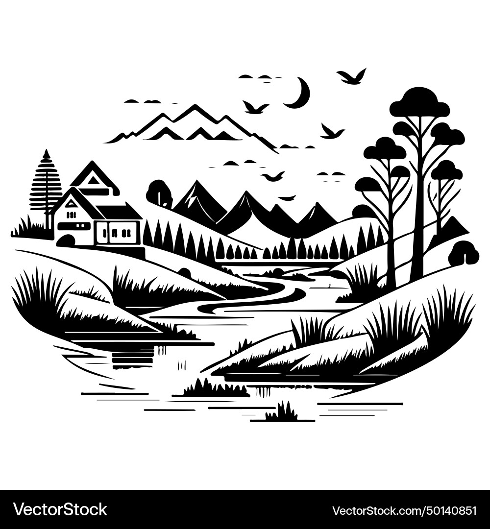 Village river graphic sketch hand draw Royalty Free Vector