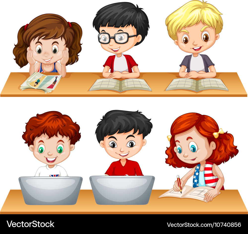 Girls and boys reading and working on computer Vector Image