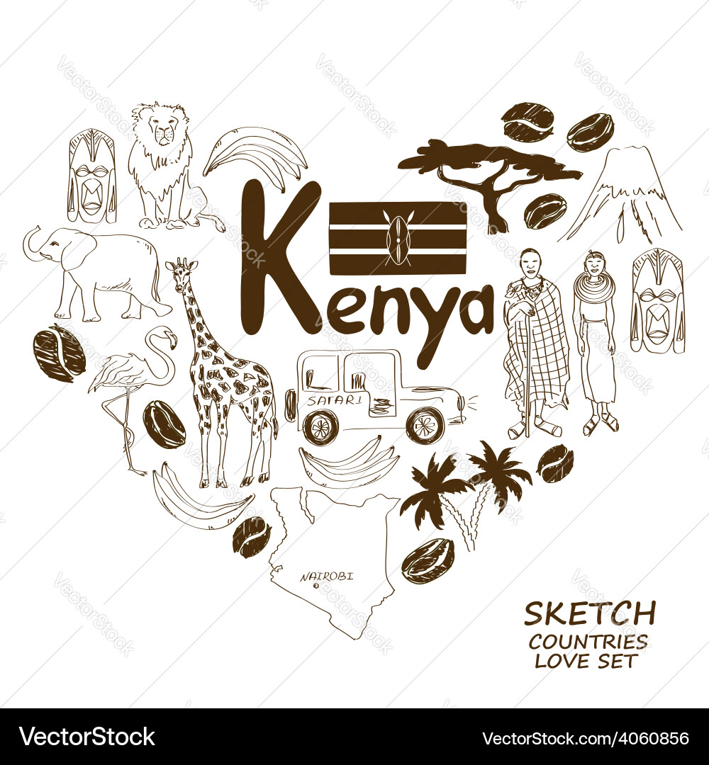Kenyan symbols in heart shape concept Royalty Free Vector