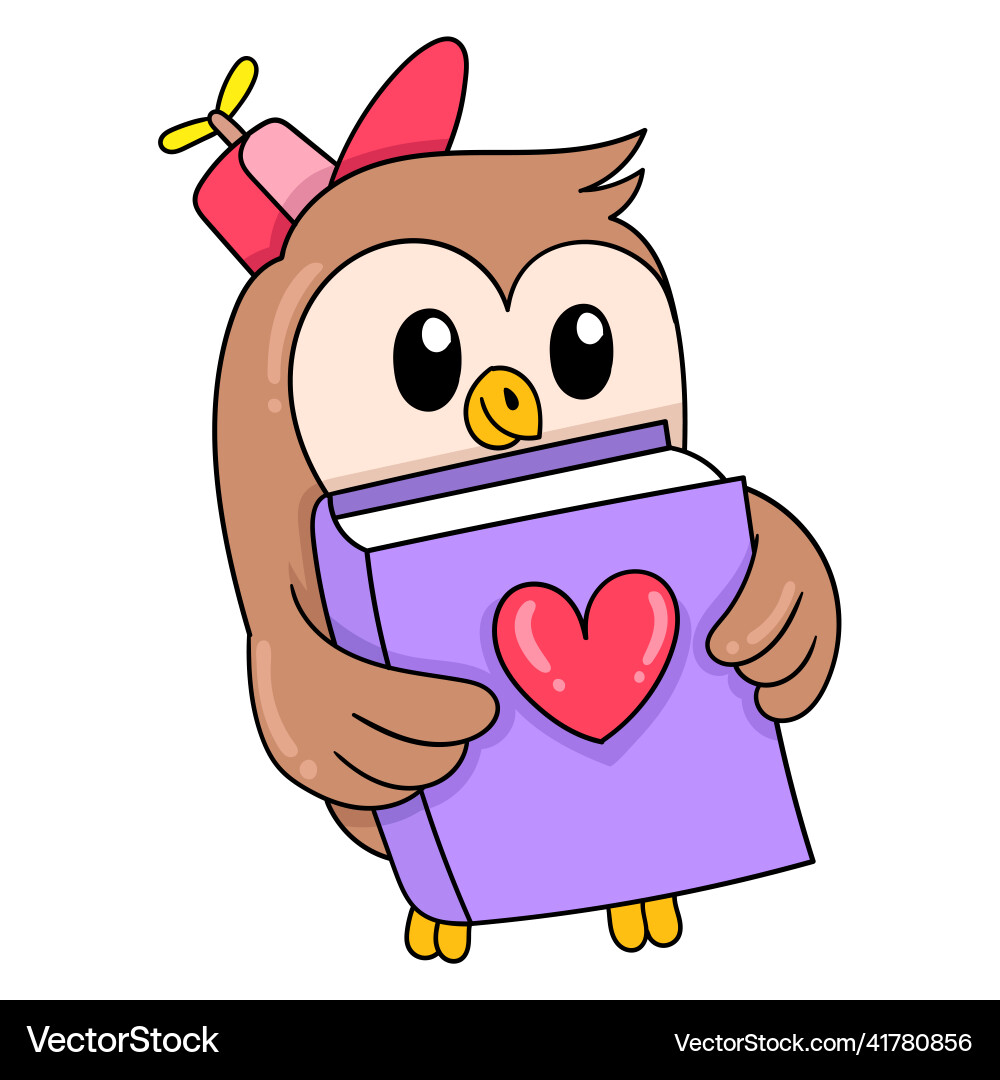 Owl is bringing love book to study doodle icon Vector Image