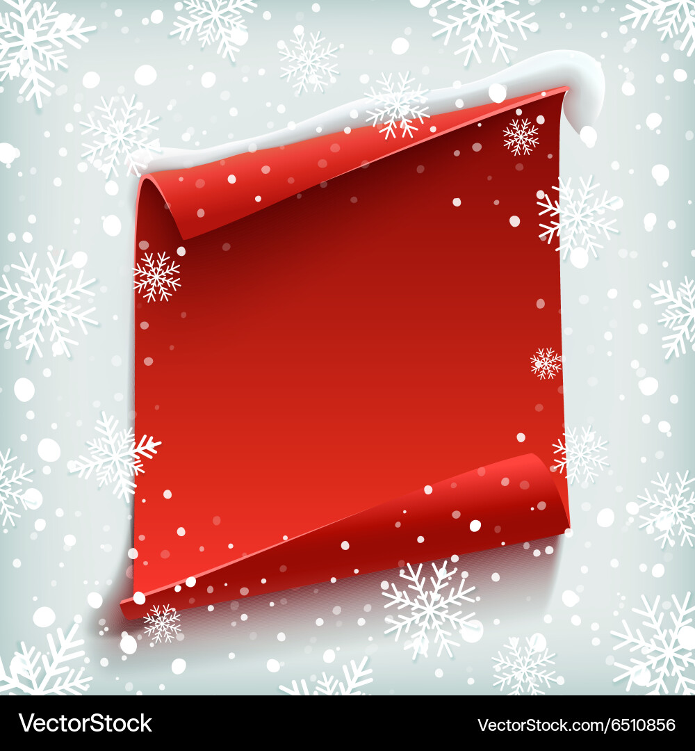 Red curved paper banner on winter background Vector Image