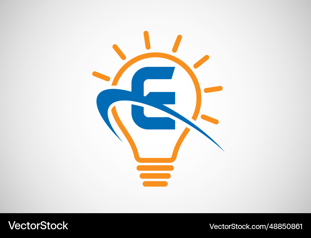 English alphabet e with light bulb and swoosh Vector Image