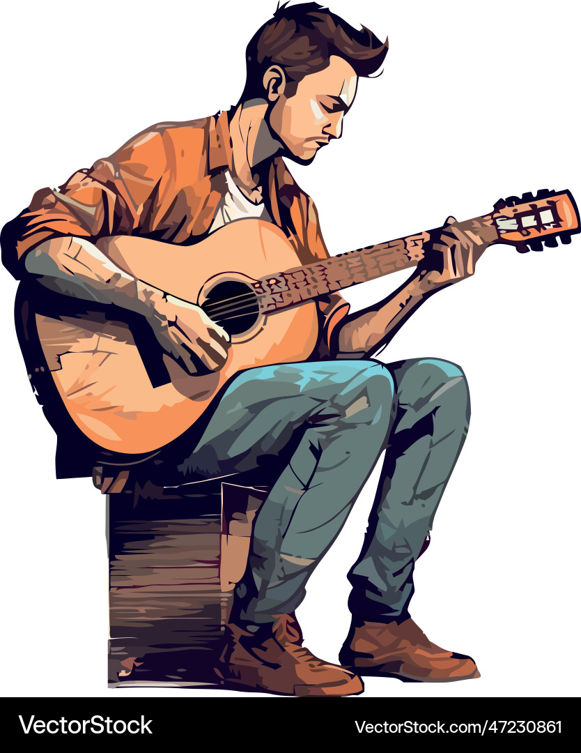 Guitarist plucking strings on acoustic guitar Vector Image