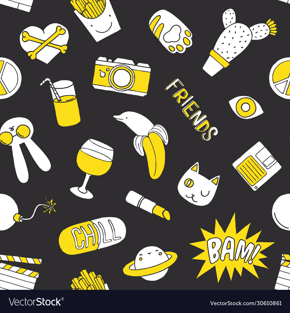 Patch doodles on dark background seamless pattern Vector Image