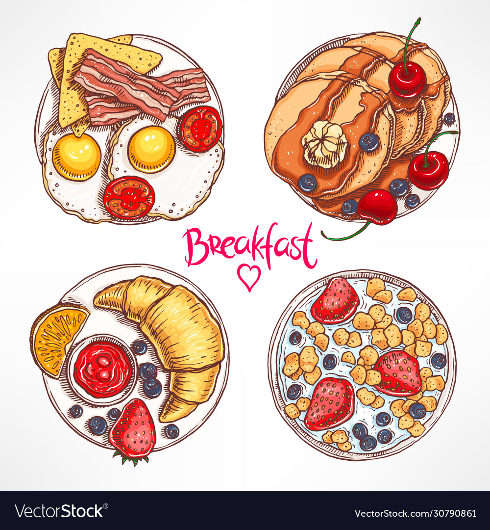 Set with four different breakfasts Royalty Free Vector Image