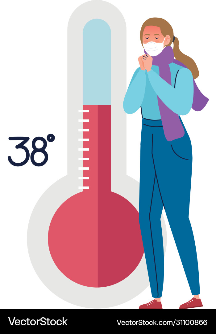 Woman sick using face mask with thermometer Vector Image