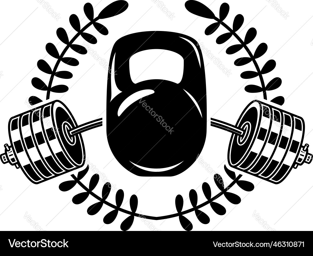Barbell and kettlebell and wreath emblem template Vector Image