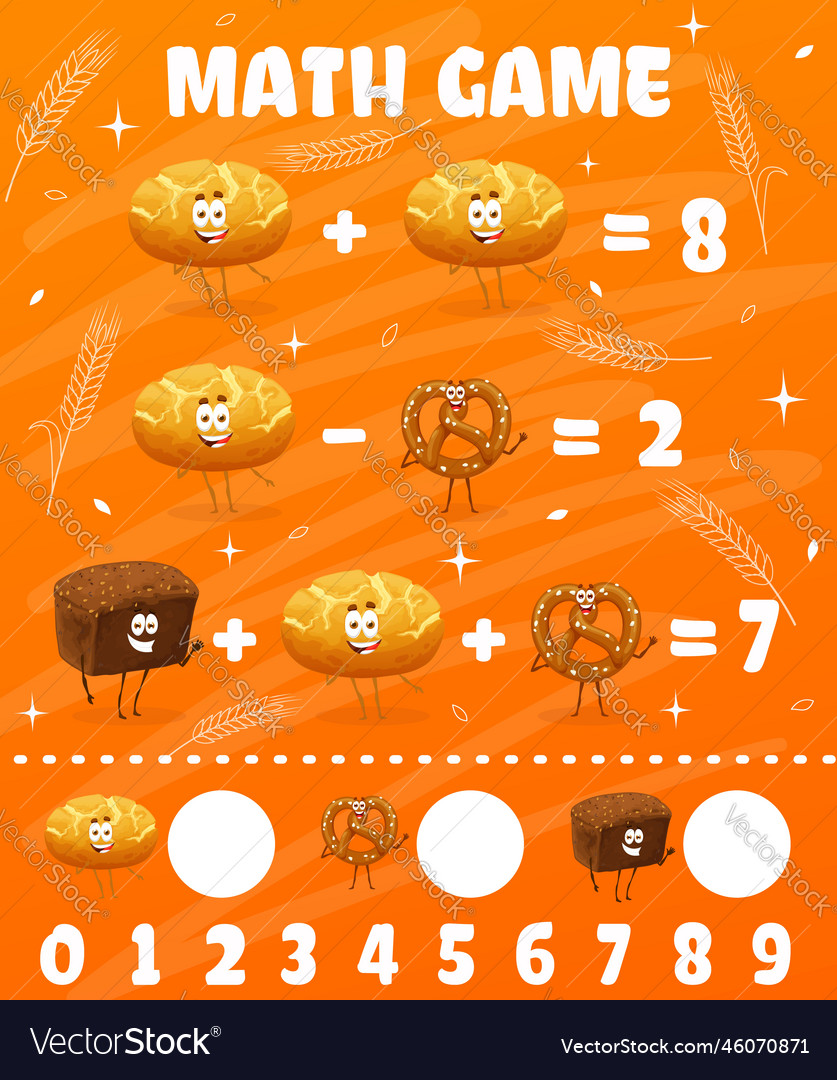 Math game with cartoon bakery bread characters Vector Image