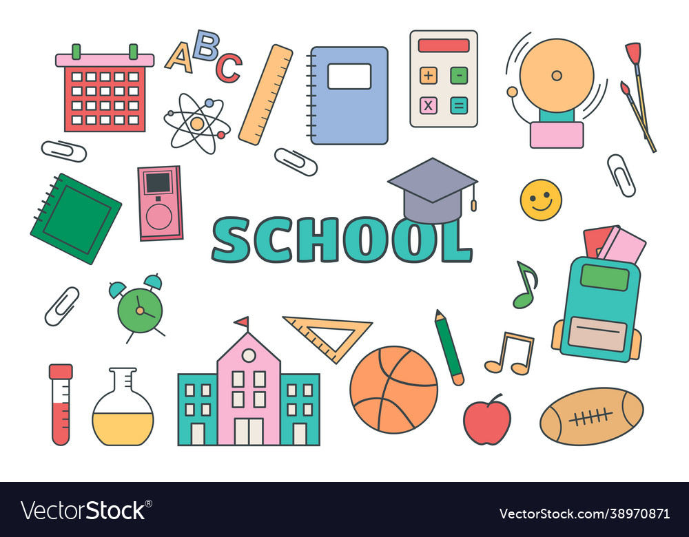 Set essential school elements on white Royalty Free Vector