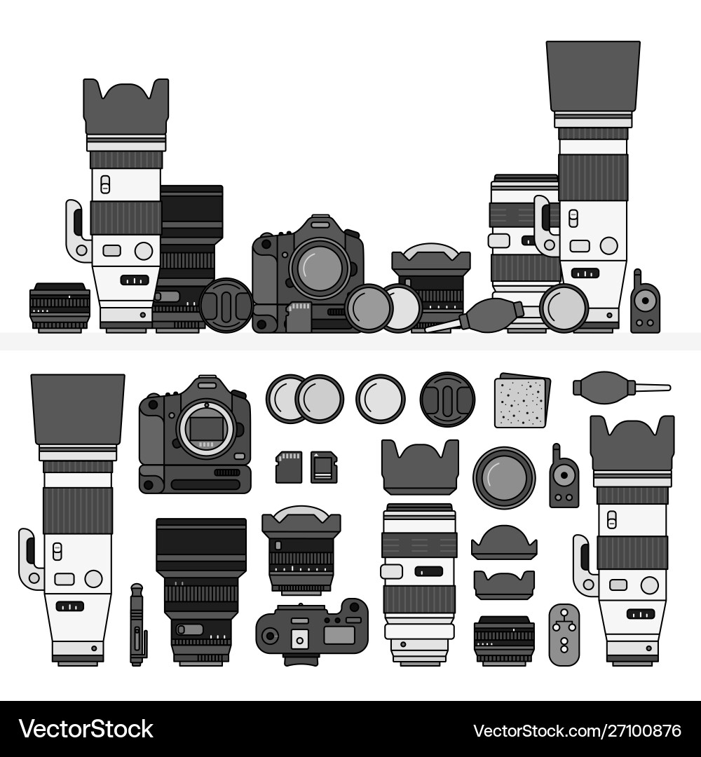 Professional photo cameras line monochrome Vector Image