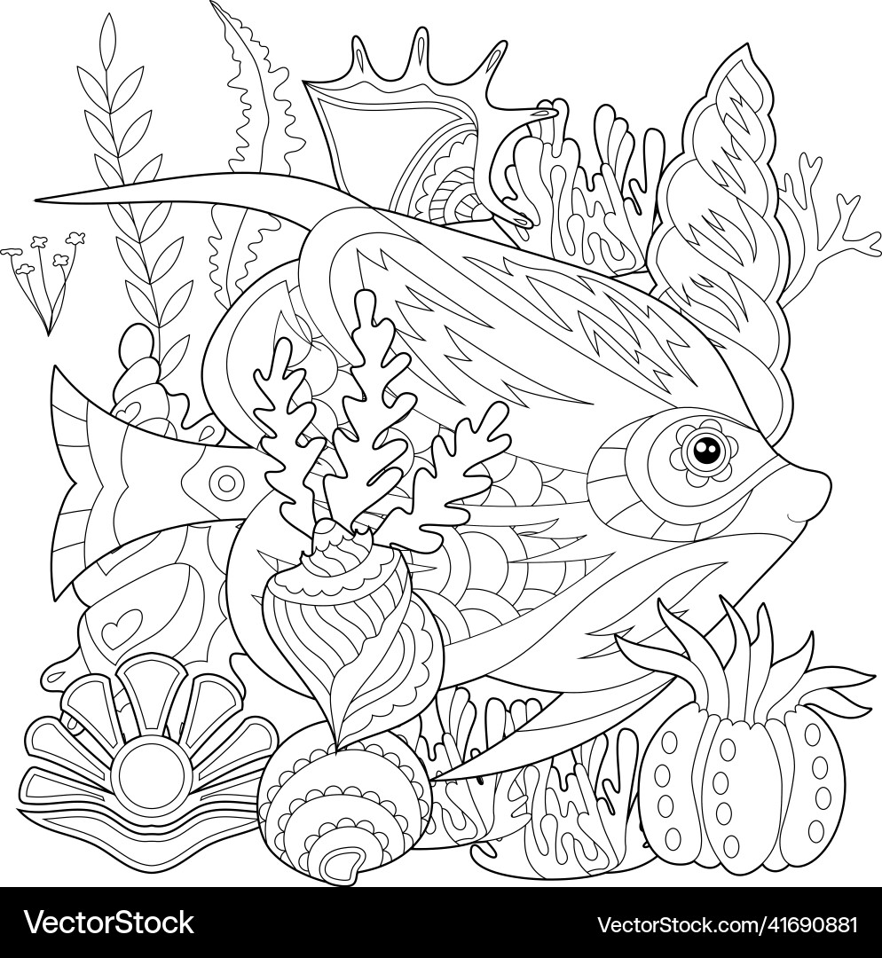 Contour linear fish seaweeds and ocean corals Vector Image