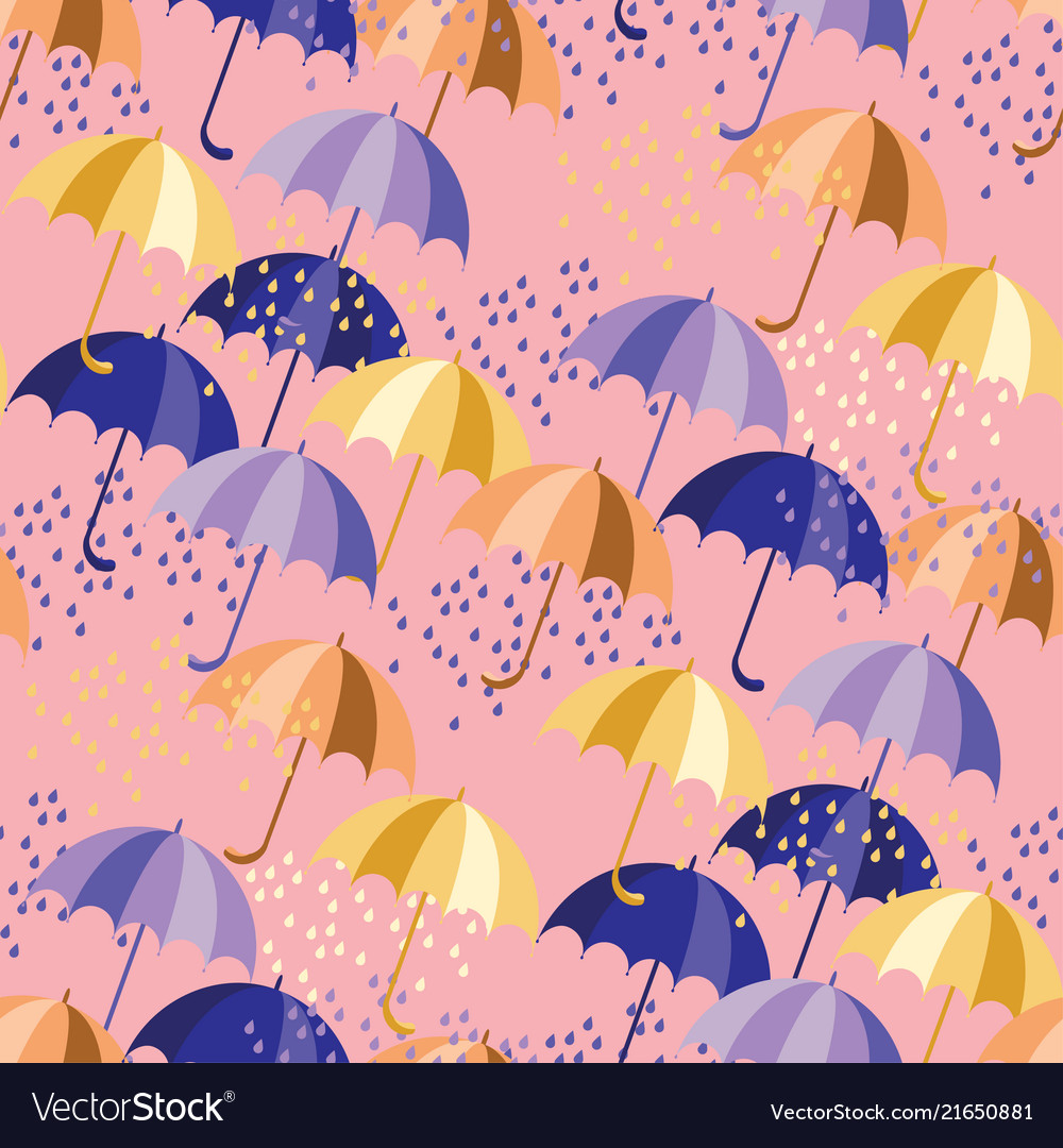 Flat colorful umbrellas and drops seamless pattern