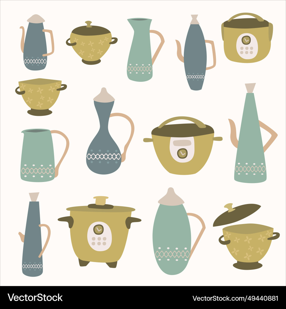 Jug and rice cooker kitchen collection Royalty Free Vector
