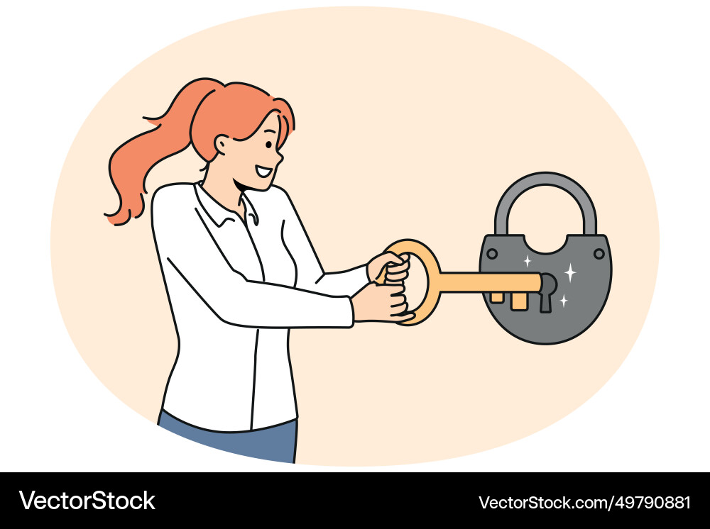 Smiling woman open lock with huge key Royalty Free Vector
