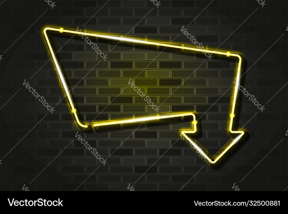 Yellow retro arrow to down glowing neon frame Vector Image