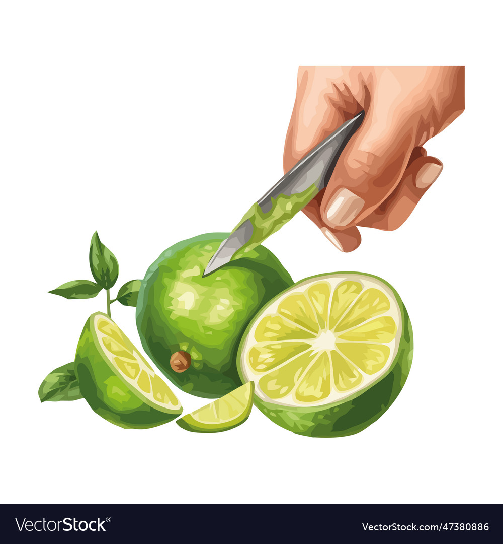 Hand slices fresh organic lemon Royalty Free Vector Image