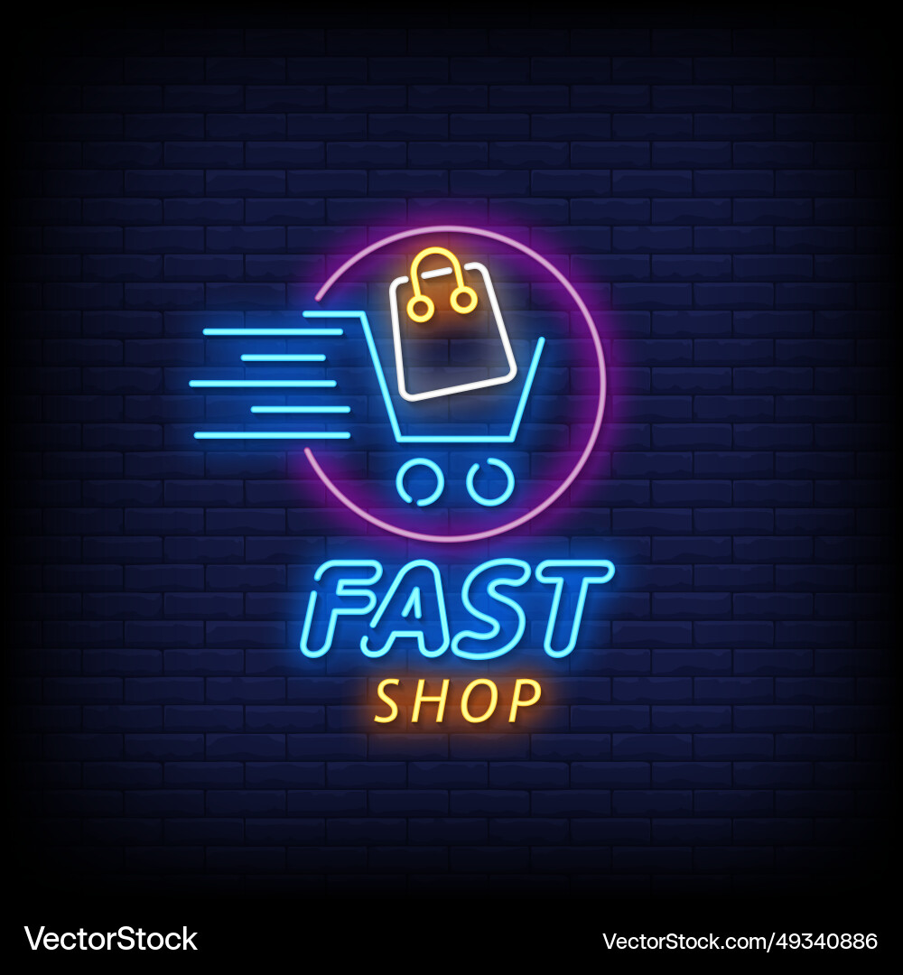 Neon sign fast shop with brick wall background vec
