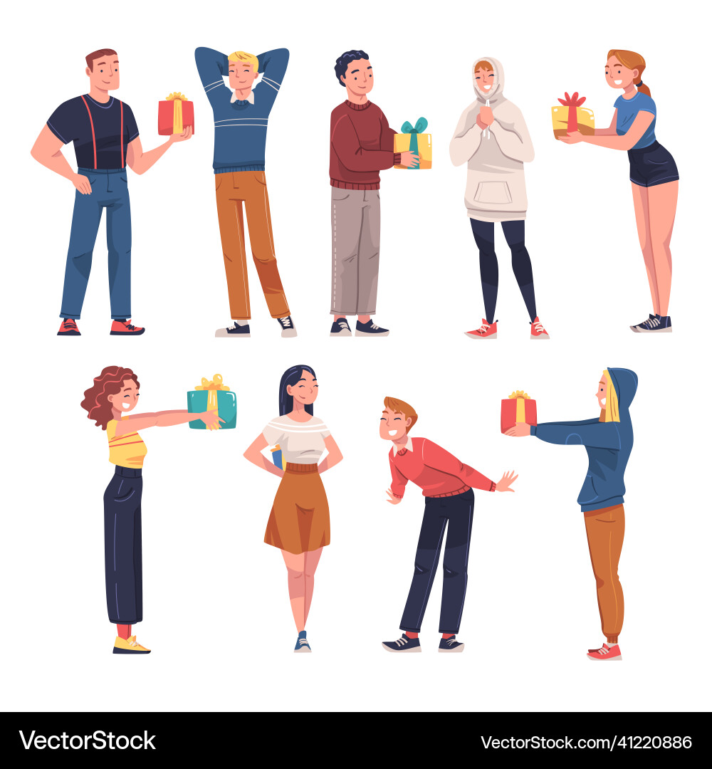 People character giving and receiving gift box Vector Image